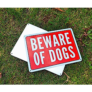 Beware of Dog Sign, Metal Warning the Dogs Signs for Fence Gate, 2 Pack 10 x 7 inches, for Indoor and Outdoor Use, No Fade Aluminum Weatherproof Long Lasting Red Ink (10 x 7, RED)