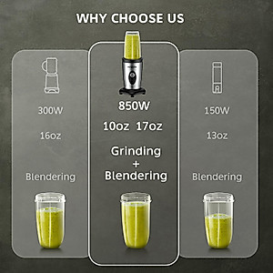 Acezoe 850W Personal Blender for Shakes and Smoothies, 5 in 1 Blenders for Kitchen, with 6 fins Blade, 2x500ml Portable Bottle, 1 Grinding Cup, for Fruit, Juice, Vegatable, Easy to Clean-Silver