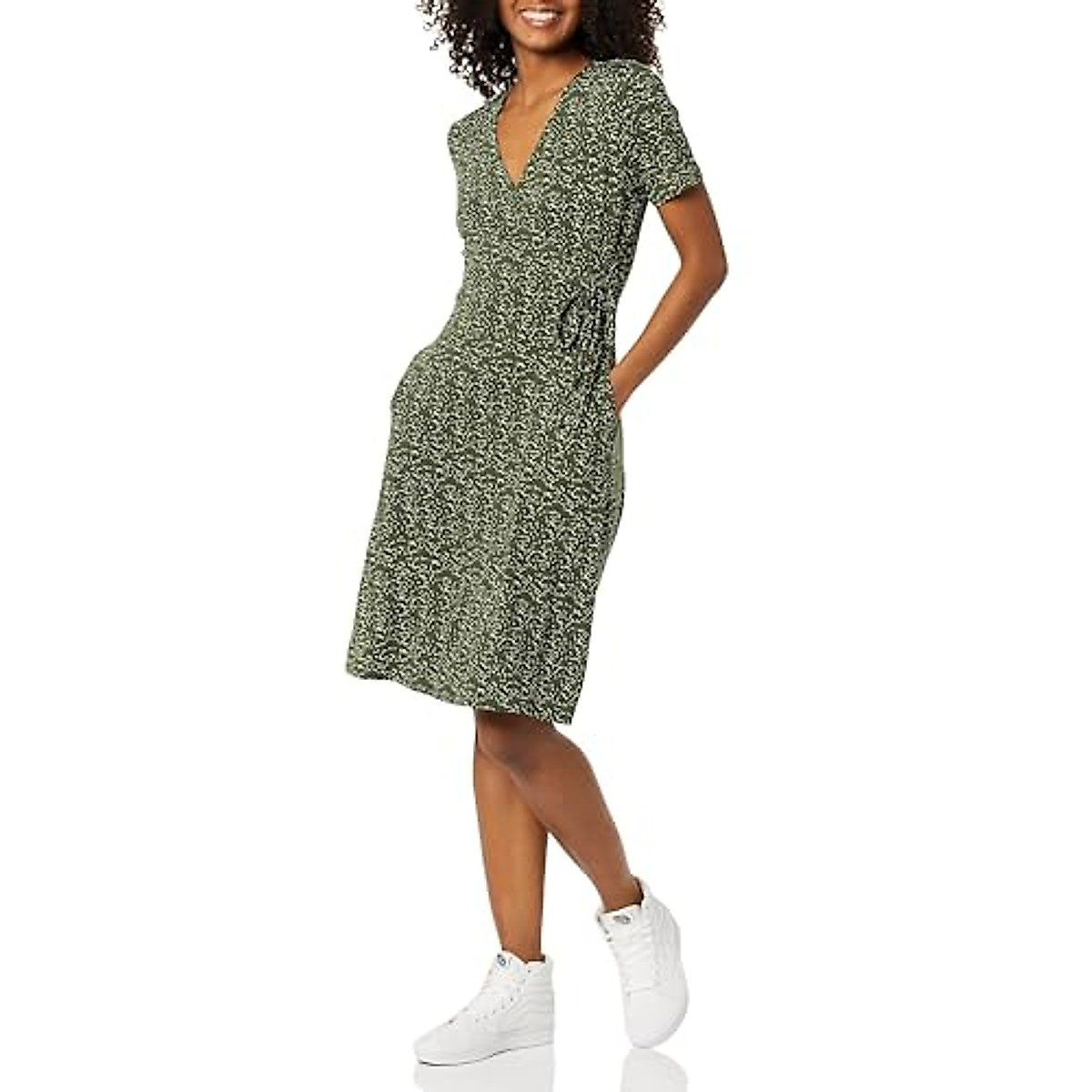 Amazon Essentials Women's Short Sleeve Faux-Wrap Dress, Olive Dots, Large