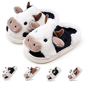 sharllen Toddler Cartoon Cow Cotton Slippers,Girls Boys Cute Indoor Outdoor Plush Animal Cow Shoes Cozy Soft Warm Fluffy Slip-on Home Cow Slipper for Little Kids