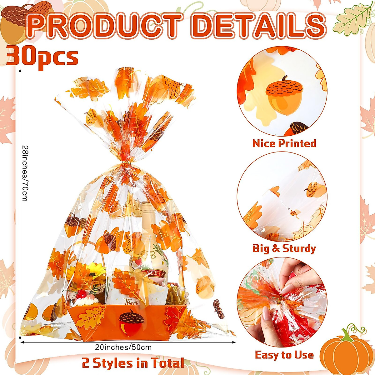 Cholemy 30 Pcs Thanksgiving Large Cellophane Gift Basket Bags 19.7" x 27.6" Fall Gift Bags Bulk Jumbo Fall Plastic Gift Wrap Bags With 100 Twist Ties Pumpkin Leaf Acorn Goody Bags for Dolls Presents
