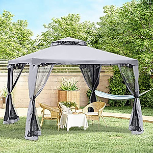Outsunny 10' x 10' Patio Gazebo Outdoor Canopy Shelter with 2-Tier Roof and Netting, Steel Frame for Garden, Lawn, Backyard and Deck, Grey
