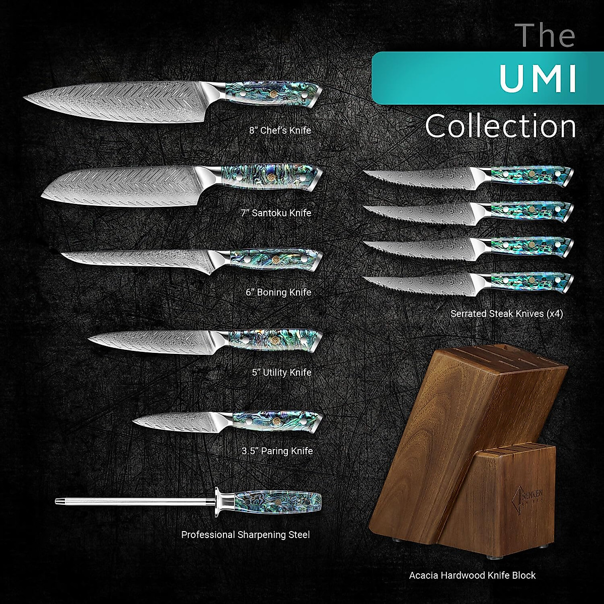 SENKEN 11-Piece Damascus Knife Block Set with Abalone Shell Handle - "Umi" Collection Japanese Chef Knife Set - 67-Layer Japanese VG10 Steel, Chef Knife, Paring Knife, 4 Matching Steak Knives & More