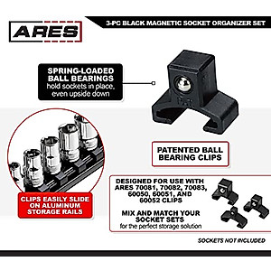 ARES 60053-3-Piece Black Magnetic Socket Organizer Set - Aluminum Rails Store up to 12 Sockets Each and Keep Your Tool Box Organized