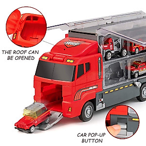 Joyfia 10 in 1 Fire Truck Toys, Mini Die-cast Fire Engine Car Toy Set in Carrier Truck, Rescue Emergency Double Side Transport Vehicle for 3 Years Old Boys and Girls