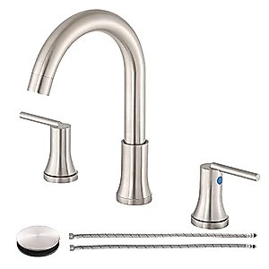 SHACO Brushed Nickel Bathroom Faucet, Bathroom Faucets for Sink 3 Hole, 8 Inch 360° Swivel Spout Widespread Vanity Faucet, 2 Handle Bathroom Sink Faucet with Supply Hoses & Overflow Drain