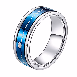 HIJONES Unisex 7MM Love ECG Heartbeat Spinner Ring Stainless Steel Wedding Promise Band Blue Size 8