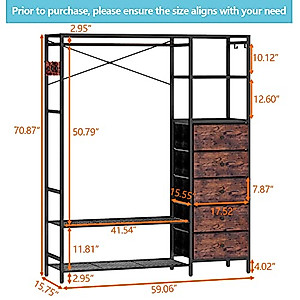Loomie Heavy Duty Clothes Rack for Hanging Clothes with 5 Shelves & 5 Drawers, Metal Freestanding Clothing Rack with Five Hooks, Garment Rack Closet Wardrobe Rack, 70.87H x 59.06W,Max 900lbs,Rustic