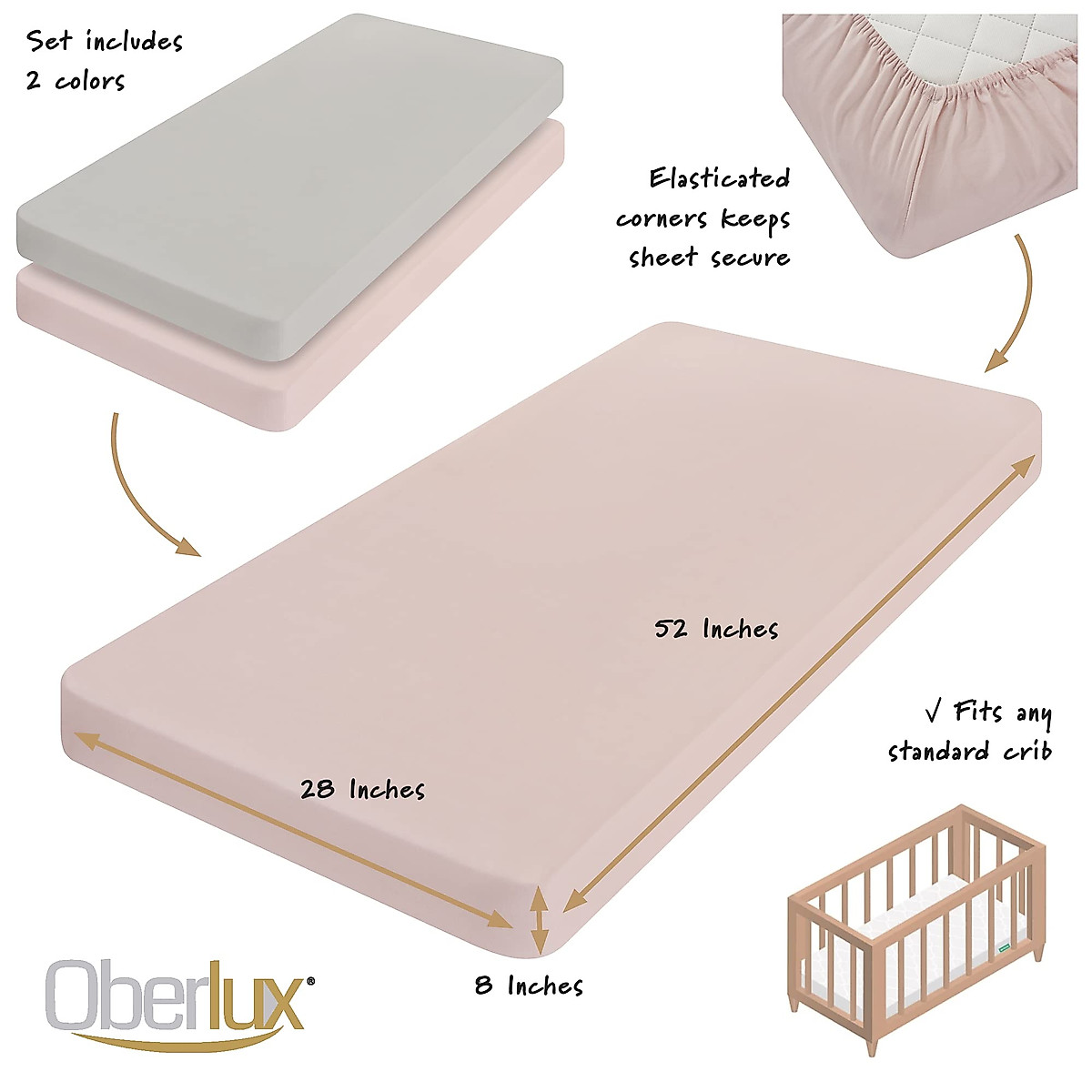OBERLUX Crib Bedding Set for Girls- 4-Piece Baby Nursery Bedding Crib Set; Geometric, Rose Gold, Powder Pink & Marble | Precious Collection