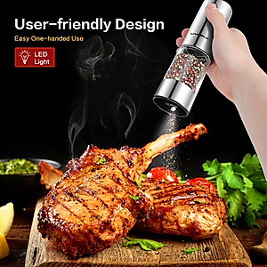 Advanfam Upgraded Larger Capacity Electric Salt Pepper Grinder Stainless Steel Pepper Grinder with LED Light, Rechargeable Automatic Salt or Pepper Mill Features Adjustable Coarseness