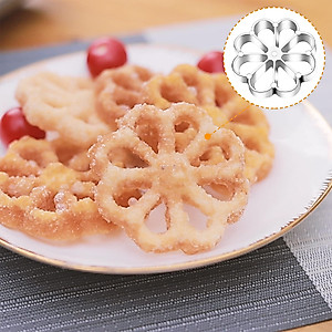 5PCS Bunuelos Mold Set Cake Snack Mold with Wooden Handles,Rosette Maker Cookie Bunuelos Tool Including Stars Flowers Hearts Circles Mold (5PCS Mold Set)