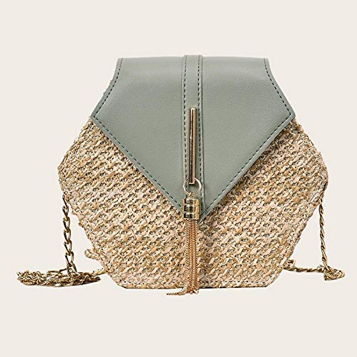 Straw Handbag Crossbody Bag Hexagon Straw+Leather Woven Beach Shoulder Bag