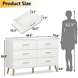 FURNIWAY 6-Drawer Dresser for Bedroom, Modern White Dresser with Gold Handles