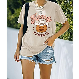 Howdy Pumpkin Shirt Women Western Halloween Tshirt Retro Vintage Pumpkin T-Shirt Cute Fall Tops Cowgirl Party Tee (XXL,Beige)