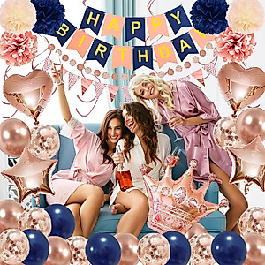 Navy Blue and Rose Gold Birthday Party Decorations for Women Girls,Happy Birthday Banner,Rose Gold Party Decorations for Women with Tissue Paper Pom,Hanging Swirls,Circle Dots Garland for Women Girls Birthday Decorations