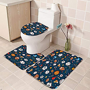 Fantasy Star Bath Rugs Set 3 Piece, Athletics Ball Theme Baseball Footbal and Basketball Washable Memory Foam Non-Slip Contour Mat Toilet Lid Cover Bath Mat Sets for Bathroom Decor