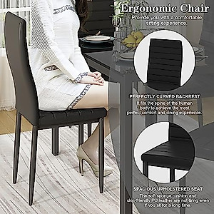 Recaceik Dining Table Set for 4, Kitchen Table and Chairs for 4, Glass Dining Room Table Set with 4 PU Leather Upholstered Chairs Modern Small Dinner Table Set Breakfast Table for Home, Black