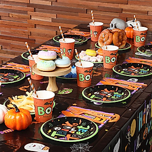 194 Pieces Halloween Party Supplies Tableware Set,Paper Dessert Plates Cups and Napkins Plastic Tablecloth Disposable Straws Knives Forks for Happy Halloween Holiday Party Decorations