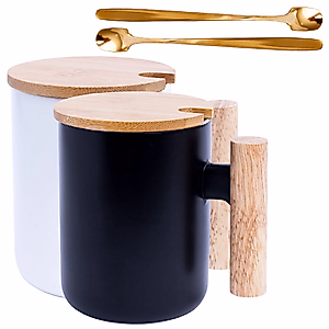 Tea Cup- Tea Cup with Lid- Coffee Mug With Lid- Ceramic Mugs with Ergonomic Wooden Handle & Lid- Matte-Finish Tea Mug- Tea Travel Mug with Spoon- Coffee or Tea Mugs by Samora (Black & White, Set of 2)
