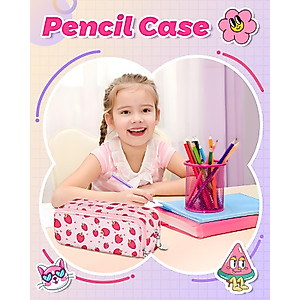 Bistup Pencil Case Pouch Pen Bag for School Cute Kawaii Girls Girly Cartoon Strawberry Teen Girls Zipper Pencil Pouches Large Stationary Bags 3 compartments with Lanyard+ID Badge Holder+Pen+Sticker