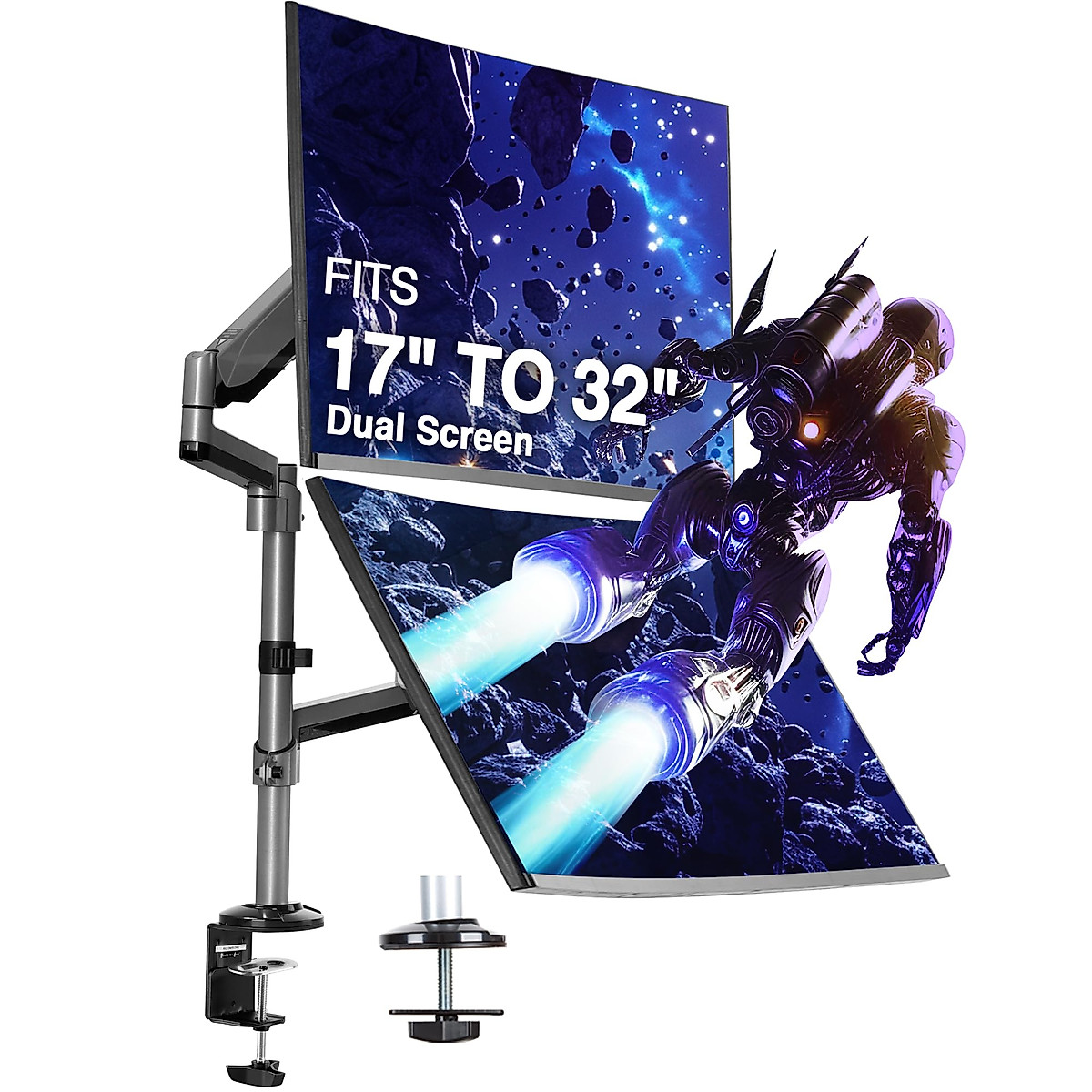 AVLT Dual 13"-32" Stacked Monitor Arm Desk Mount fits Two Flat/Curved Monitor Full Motion Height Swivel Tilt Rotation Adjustable Monitor Arm - Extra Tall/VESA/C-Clamp/Grommet