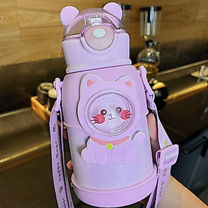 ZTGD Cute Insulated Water Bottle 500ml for Kid&Lady,Kawaii Thermos Cup with Straw,Hanging Rope&Cute Pattern,Stainless Steel Coffee Vacuum Thermos Bottle Keep Drinks Hot or Cold for Travel,School,Offi