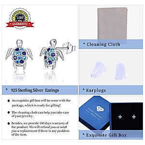 925 Sterling Silver Turtle Studs Earrings with Graduated Blue Cubic Zirconia, Sea Tortoise Nautical Jewelry Mother Day for Women Mom Wife Girlfriend with Box