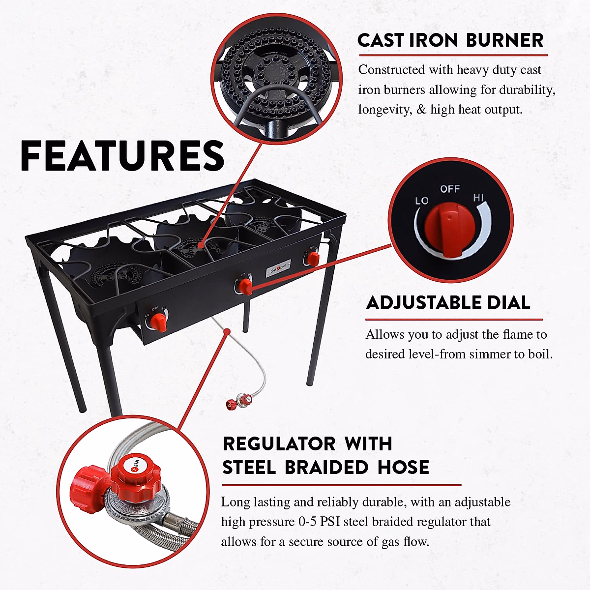 Gas One Outdoor Triple High pressure Burner with Stand Stove Propane Gas Cooker With Adjustable High Pressure Regulator and Hose, Black (B-6565)