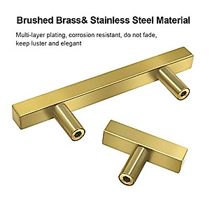 SUNRIVER 20 Pack Hollow Brushed Brass Golden Square Bar Cabinet Handles Pulls 10pcs Gold Hardware Cabinets Pulls 5" and 10pcs Stainless Steel 2" Cabinet Handles T Bar Pulls for Bathroom