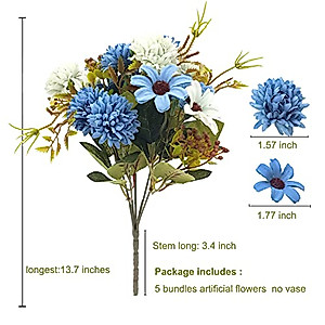 CORVYUC 5 Bundles Silk Artificial Flowers Fake Chrysanthemum Ball Faux Daisy Flower Bouquets Arrangements for Home Office Party Wedding Table Centerpieces Decor No Vase (Blue)
