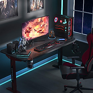 Foxemart Gaming Desk 55 inch PC Gaming Desk, Game Computer Desk Workstation, T-Shaped Professional Gaming Desk, Home Office Computer Table with Cup Holder & Headphone Hook