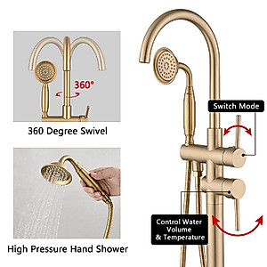 PROOX Freestanding Bathtub Faucet Floor Mounted, High Flow Free Standing Tub Filler with Hand Sprayer, Swivel Spout - Brushed Gold