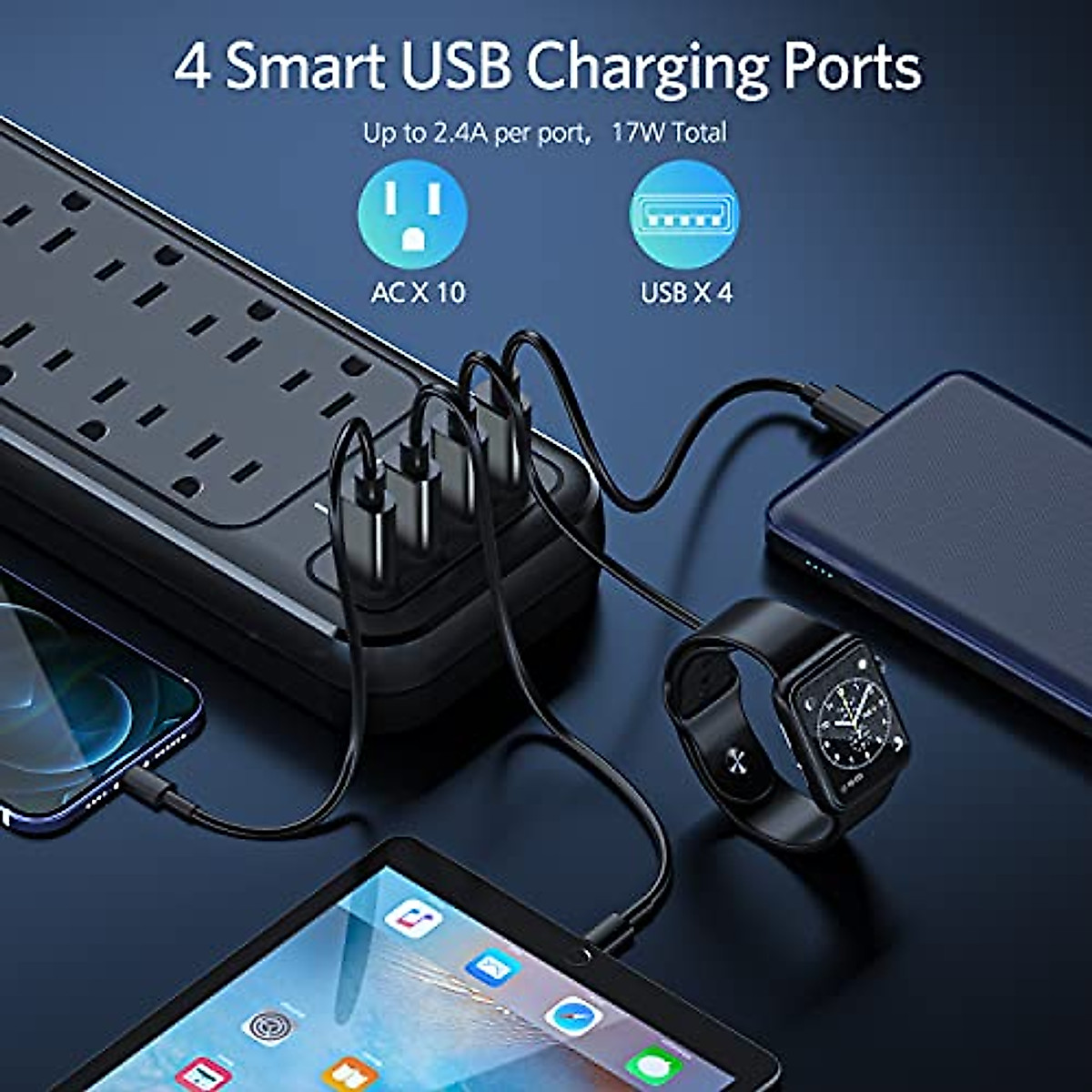 LENCENT 2 Prong Power Strip, Polarized 3 Prong to 2 Prong Outlet Adapter, 1700J Surge Protector, 6ft Extension Cord, 10 AC Outlets & 4 USB(5V 3.4A Max), Wall Mountable, Ideal for Non-Grounded Outlets