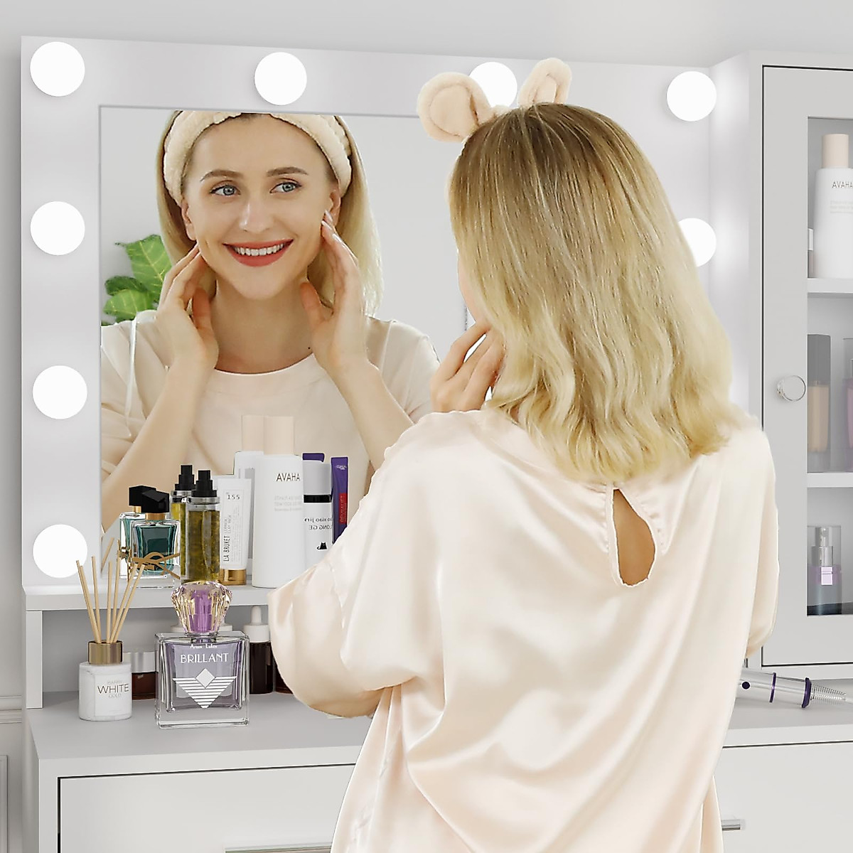 Likein Makeup Vanity with Charging Station, Makeup Vanity Desk with Mirror and Lights, Dressing Table with Nightstand Drawers & Cabinet for Women Girls Bedroom