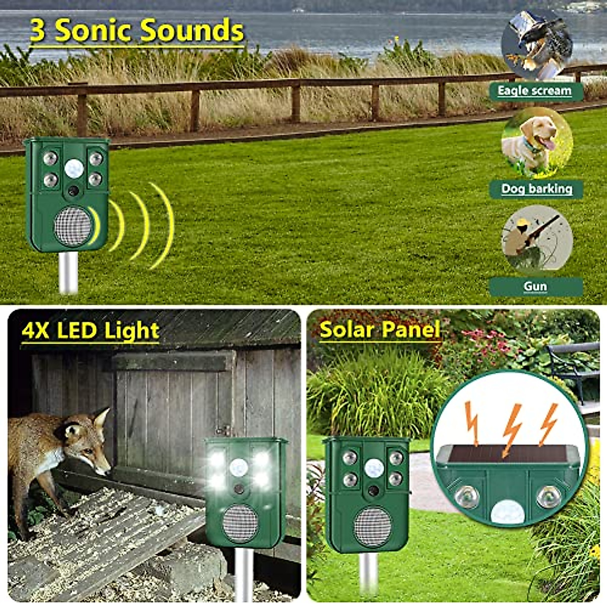 Ultrasonic Animal Repeller,Lasriges Solar Battery Powered Cat Repellent, Outdoor Waterproof Dog Deterrent Repeller with Motion Sensor for Home Garden Yard Foxs, Birds, Squirrels