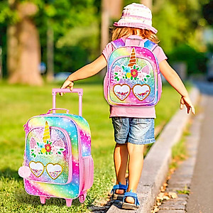 FTJCF 2PCS Kids Suitcase Set for Girls, 18" Cute Rainbow Sequin Unicorn Carry on Luggage with Wheels, Children Travel Rolling with 12" Toddler Backpack