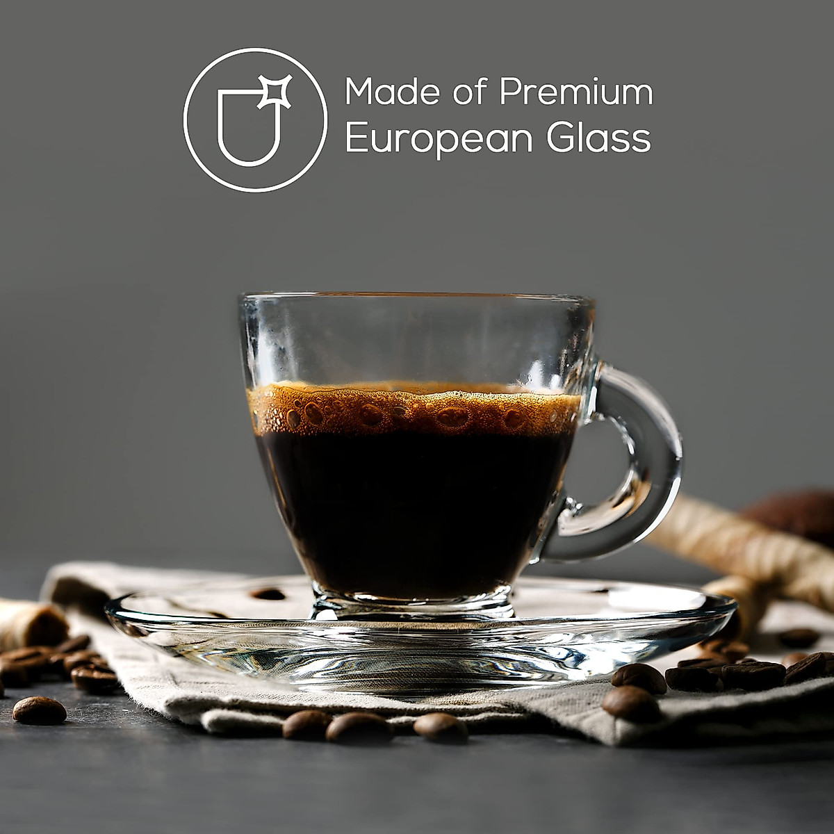 Volarium Espresso Cups with Saucers, Demitasse Clear Glass Drinkware, Set of 6 Cups and 6 Saucers for Turkish Coffee, Tea and Espresso Lover