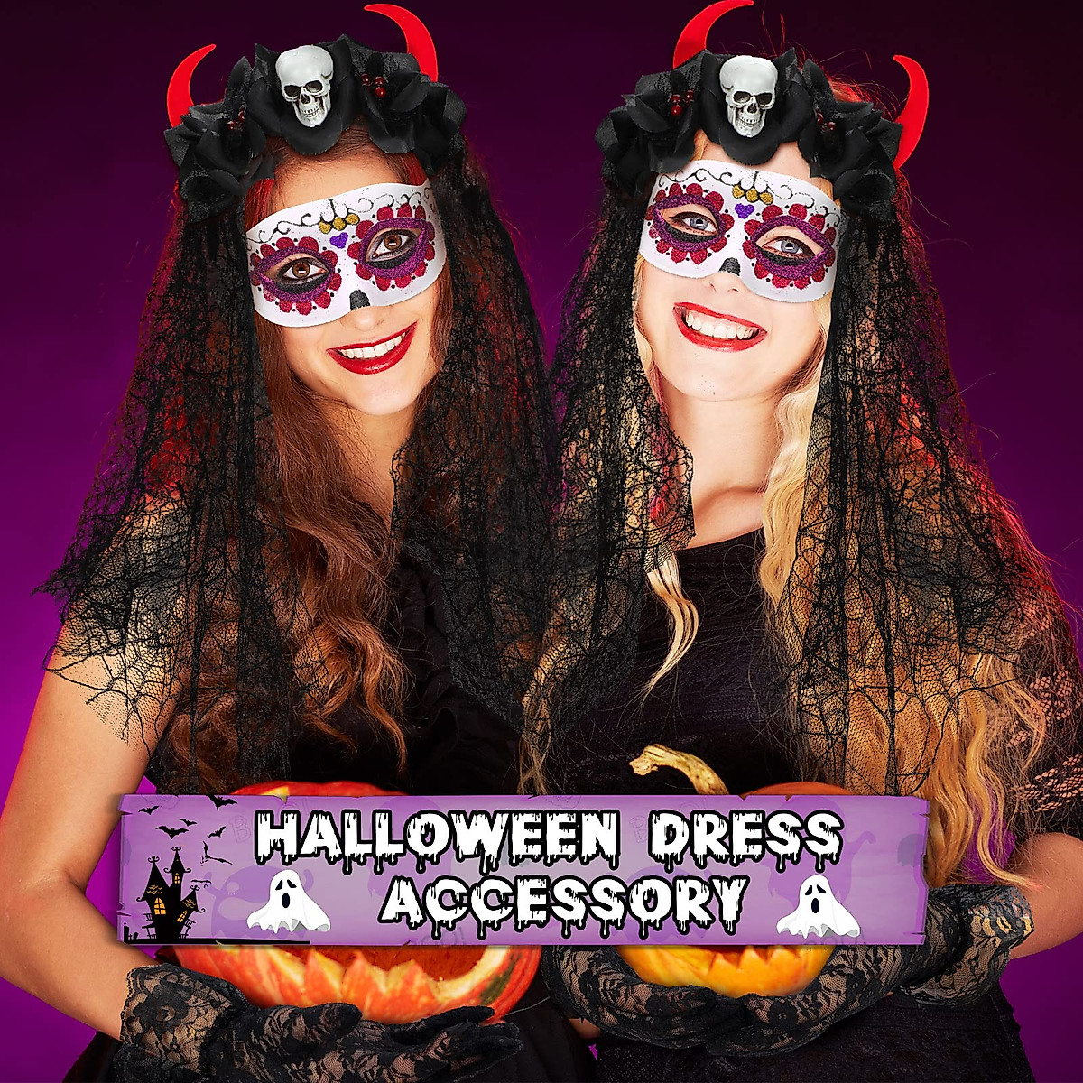 Yunlly 3 Sets Day of The Dead Mexican Flower Veil Headband Gothic Lace Gloves Day of The Dead Mask for Halloween Costume Cosplay (Elegant Style)