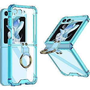 TECHY for Samsung Z Flip 5 Case with Ring Stand, Galaxy Z Flip 5 Clear Airbag Case Built-in High-Transparency Soft Film for Samsung Galaxy Z Flip 5, Clear Blue