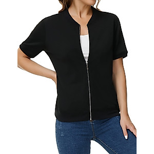KANCY KOLE Sweatshirt for Women Zip Up Pullover Shirt Lightweight Short Sleeve Jackets with Pockets(XL,Black)