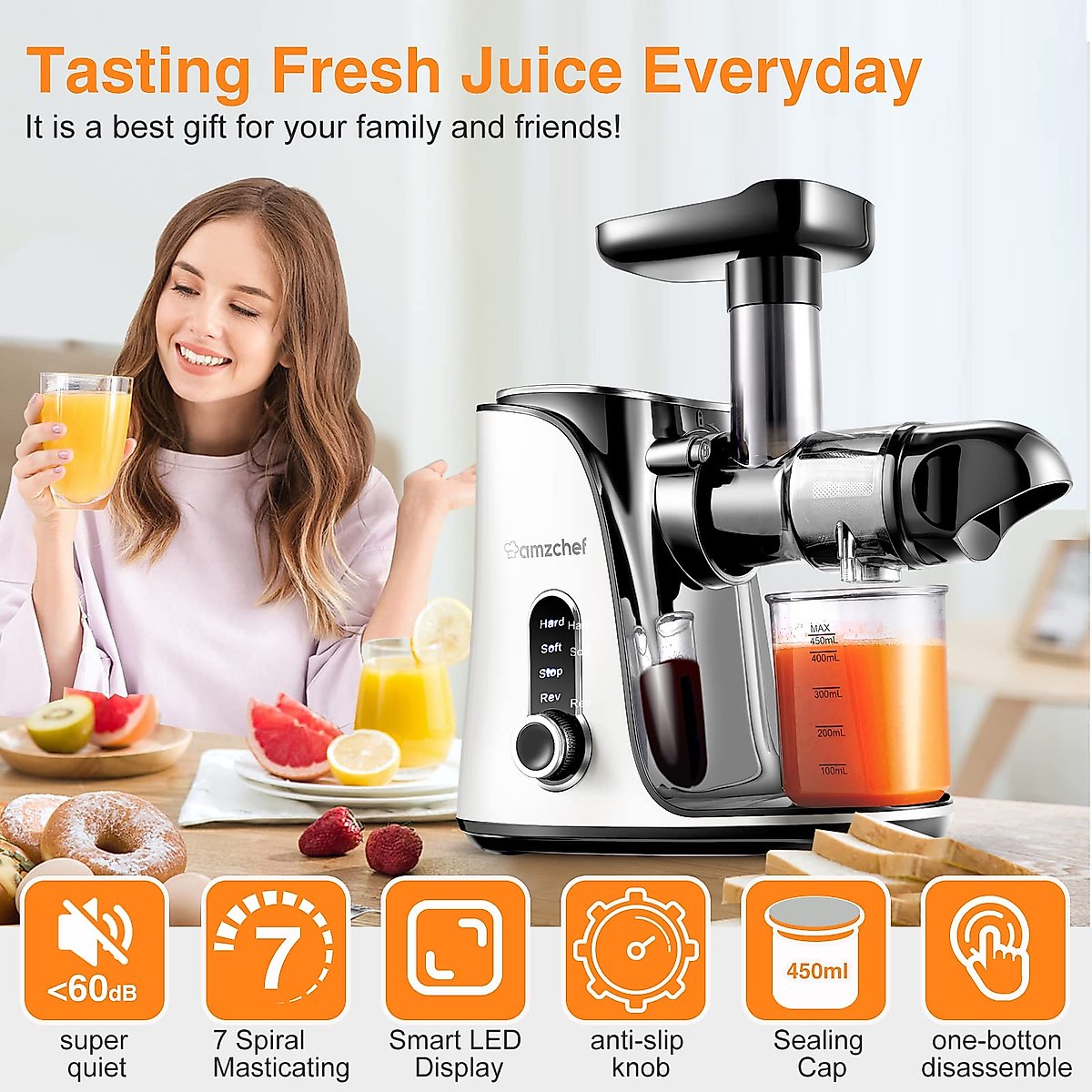 Juicer Machines, AMZCHEF Slow Cold Press Juicer with 2 Speed Modes, Travel bottles(500ML), LED display, Easy to Clean Brush & Quiet Motor for Vegetables & Fruits, Beige