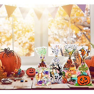STEFORD Halloween Cellophane Bags,200PCS Clear Candy Cookie Treat Bags with 400 Piece Twist Ties for Halloween Party Favor Supplies