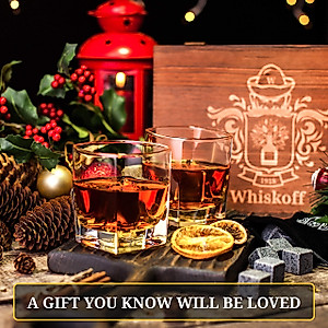 Whiskey Glass Set of 2 - Fathers Day Dad Gifts for Men - Bourbon Whiskey Stones Wood Box Gift Set - Includes Crystal Whisky Glasses, Chilling Rocks, Slate Coasters for Scotch Burbon