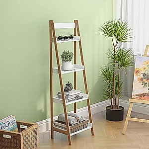 Heliosphere 4-Tier Ladder Bookcase with Solid Bamboo Frame, Versatile Wood Oxford “A” Frame Ladder Display Bookcase with 4 Open Shelves, Display Bookshelf for Home Office Living Room (White2)