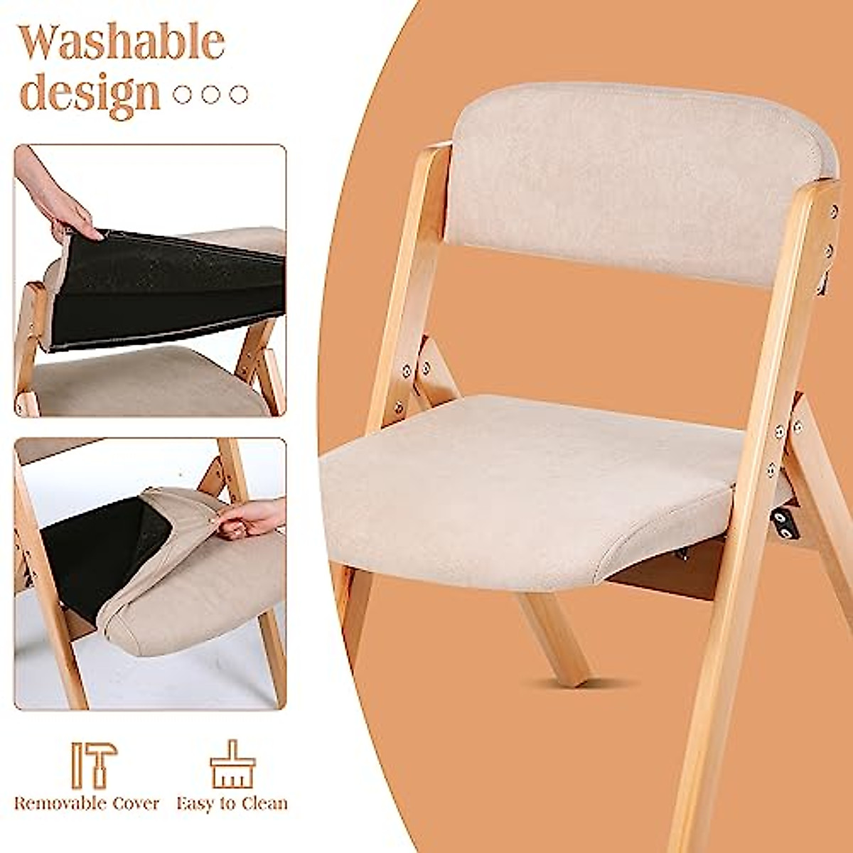 Kigley 2 Pack Folding Chairs with Padded Seats and Removable Cover, Wooden Foldable Dining Chairs Stackable Padded Single Folding Chairs for Home Office Wedding Party Events Indoor Outdoor, Khaki