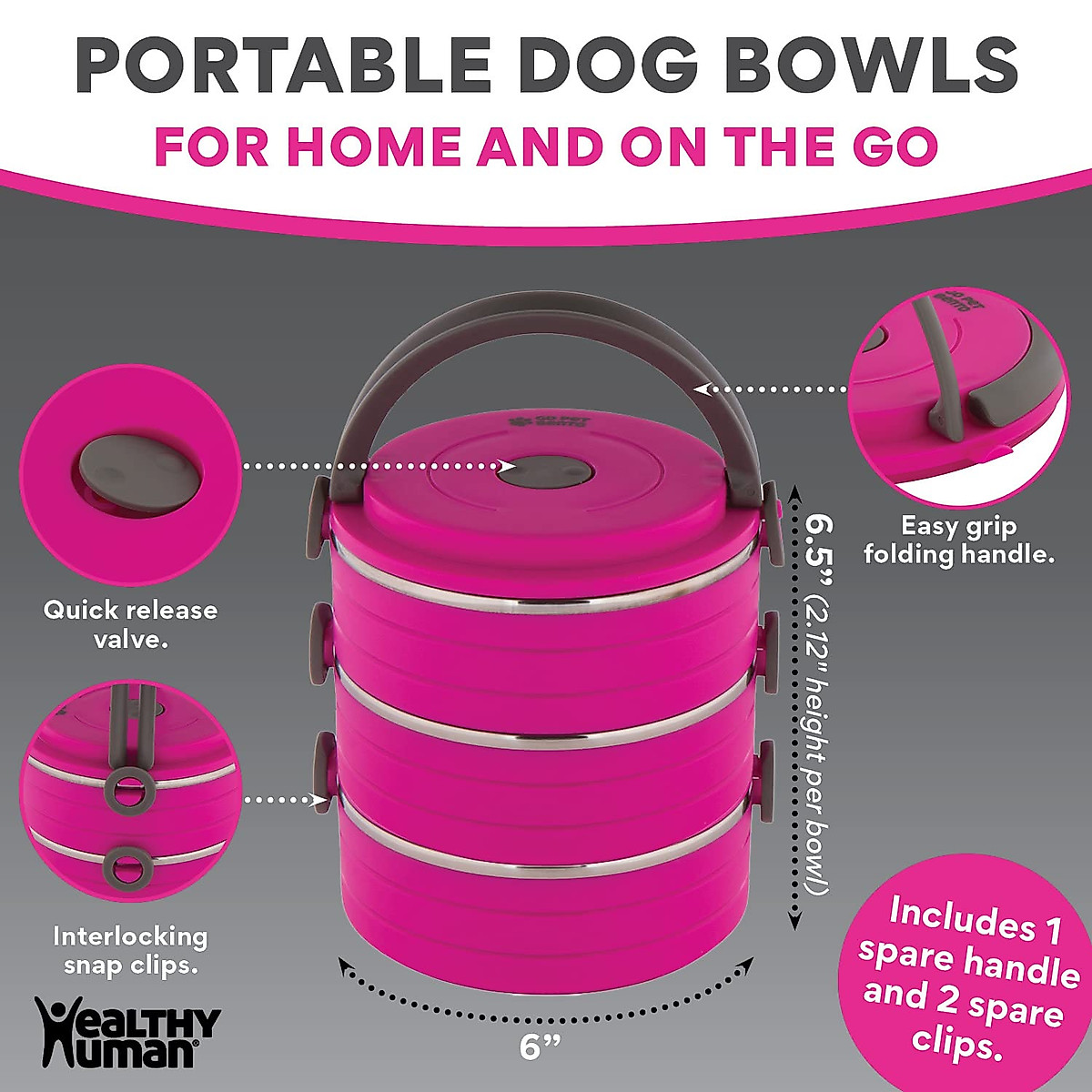 Healthy Human Travel Dog Bowls, Stainless Steel Portable Bento Bowls, Interlocking Set of 2 Bowls with Spare Clips and Handle, Ideal for Small to Medium Dogs