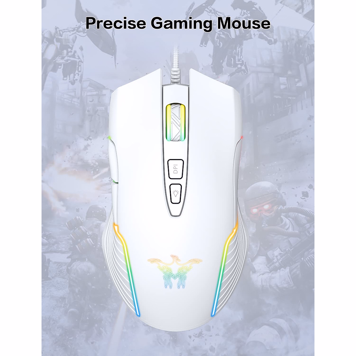 PHNIXGAM Wired Gaming Mouse, Ergonomic RGB Computer Mouse with RGB Backlight, Adjustable DPI UP to 6400, 7 Programmable Buttons for Windows Vista Linux (White)