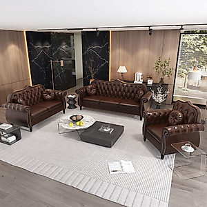 AVZEAR 82" Three Seater Sofa, Chesterfield Sofa, Mid-Century Modern PU Upholstered Sofa, Deep Button Tufted Living Room Sofa with Two Throw Pillows, Brown