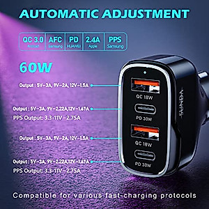 SUNDA 60W USB C Fast Car Charger, 4-Ports Car Charger Adapter, Dual Type C PD30W/PPS30W Compatible with iPhone14/13 Pro/Max/iPhone12/Galaxy/SamsungS23, Dual USB-A 18W QC3.0 for Android(Black)