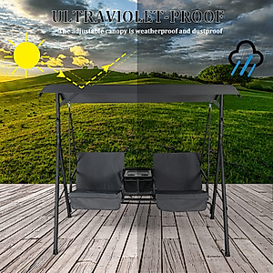 OKL 2 Seat Outdoor Patio Swing Chair, Canopy Swing with Cooler Removable Cushion and Weather Resistant Steel Frame, Hanging Porch Gray